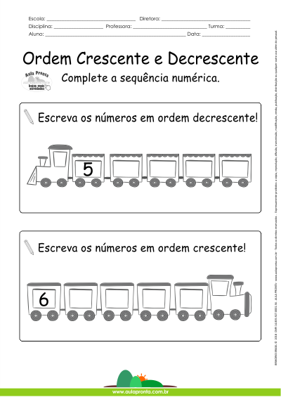 Atividade Ordem Crescente e Decrescente - Complete a sequência numérica